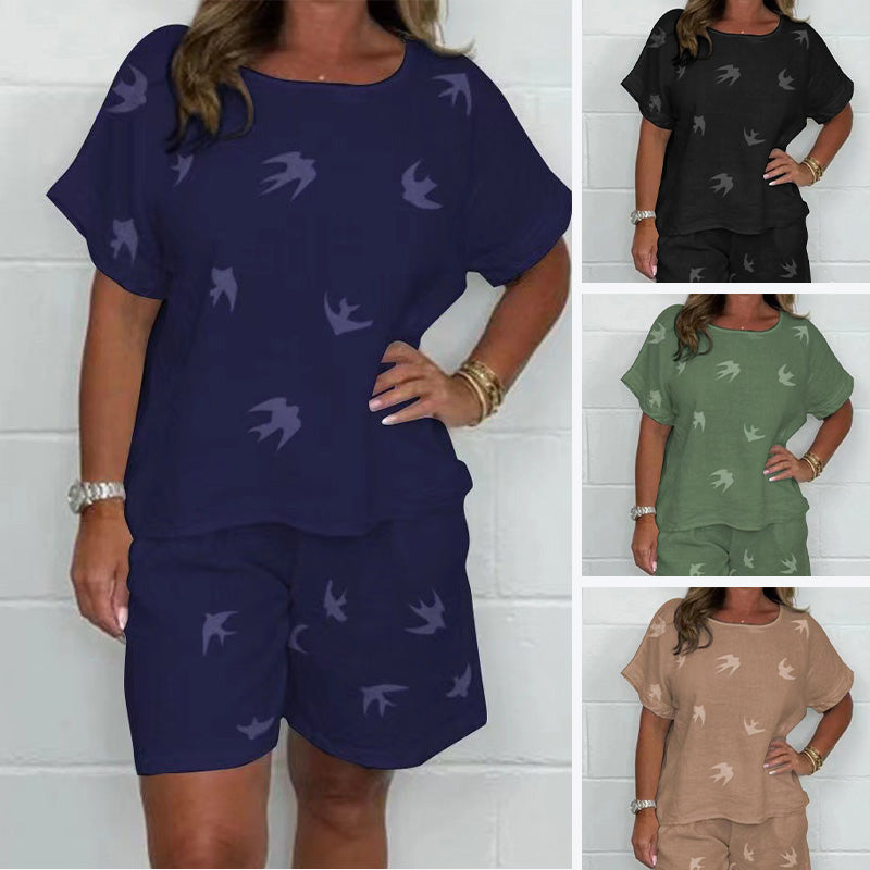 Casual Printed Cotton-Linen Short Sleeve Shorts Set – fupcap